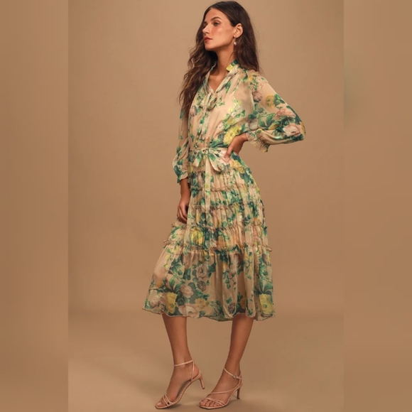 O.P.T. | Dresses | Opt Floral Beige Ruffled Tiered Midi Dress S | Poshmark